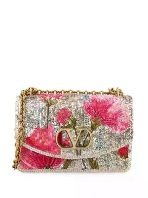 Valentino Garavani Vlogo Signature Floral-embroidered Shoulder Bag - Silver