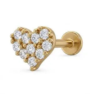 ZAHAV JEWELRY 14k Solid 18g 8mm Heart Pavé Cz Cluster Internally Threaded Flat Back Stud - Gold