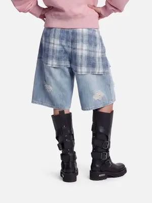 AELFRIC EDEN Plaid Panel Chain Denim Shorts
