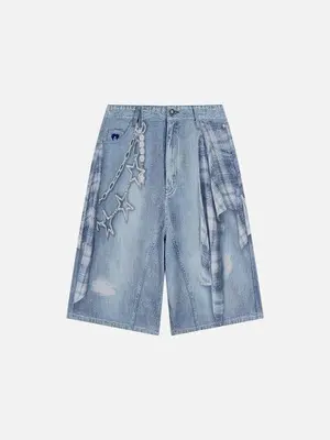 AELFRIC EDEN Plaid Panel Chain Denim Shorts