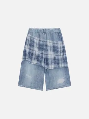 AELFRIC EDEN Plaid Panel Chain Denim Shorts