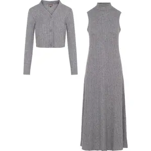 Coco Mock Neck Midi Dress With Invisible Zipper & Button Front Cardigan 2-piece Set - Grey