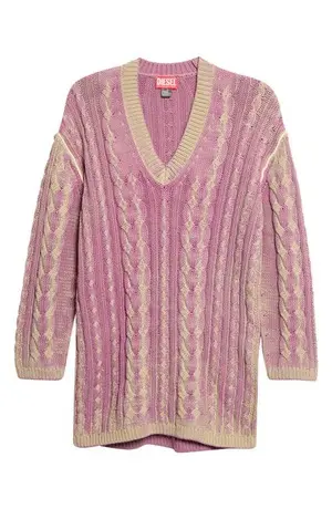 DIESEL® Bleached Long Sleeve Cable Knit Sweater Dress - Sandy/beige