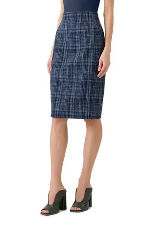 Akris Plaid Wool Blend Tweed Pencil Skirt