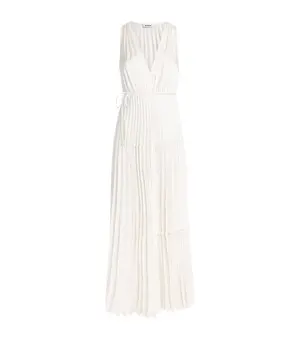 Sandro Pleated Maxi Dress With Plunge Neckline - Beige