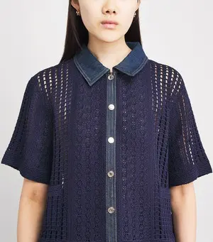 Sandro Crochet Denim-trim Cardigan