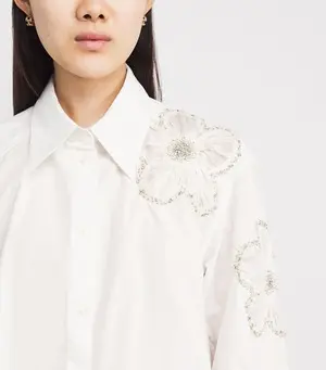 Sandro Cotton Shirt With Tulle Floral Appliqués And Pearlescent Bead Embellishments - Beige