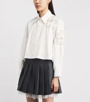 Sandro Cotton Shirt With Tulle Floral Appliqués And Pearlescent Bead Embellishments - Beige