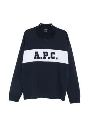 A.p.c. Long-sleeve Cotton Polo Shirt With Front Logo And Ribbed Cuffs - Blu