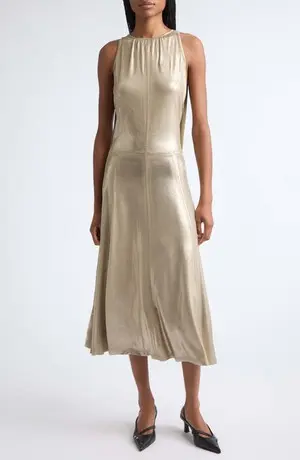 DIESEL® Sleeveless Metallic Jersey Midi Dress With Tie Neck Detail - Sandy/beige