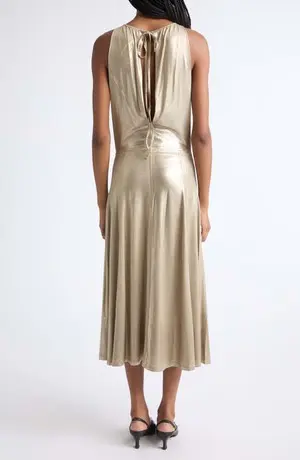 DIESEL® Sleeveless Metallic Jersey Midi Dress With Tie Neck Detail
