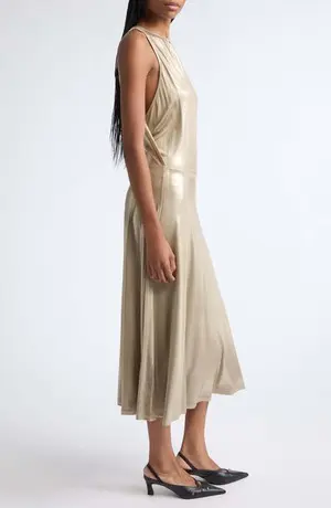 DIESEL® Sleeveless Metallic Jersey Midi Dress With Tie Neck Detail