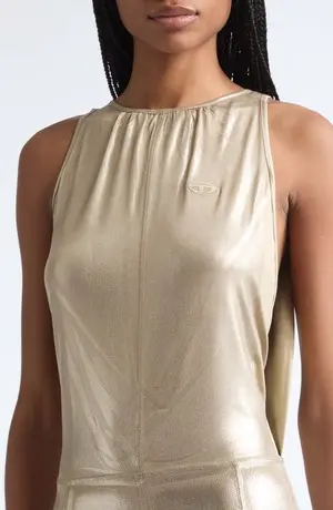 DIESEL® Sleeveless Metallic Jersey Midi Dress With Tie Neck Detail