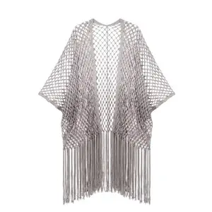 Saachi Metallic Fringe Taupe Kimono - Silver