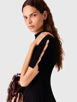 Maje Short Ribbed Knit Dress With High Neck And Flared Skirt