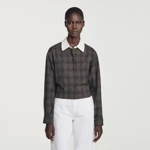 Sandro Check Shirt With Contrast Collar And Pleated Back