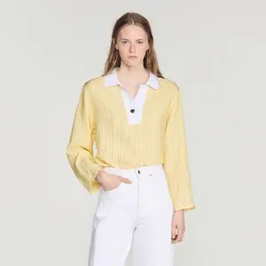 Sandro Striped Cotton Top With Contrasting Collar