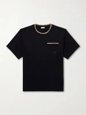 Burberry Logo-embroidered Checked Cotton-jersey T-shirt - Black