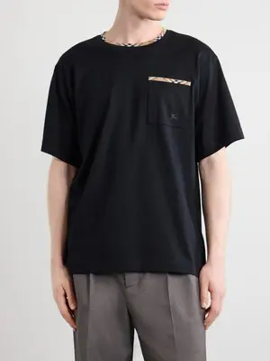 Burberry Logo-embroidered Checked Cotton-jersey T-shirt - Black