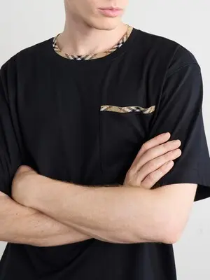 Burberry Logo-embroidered Checked Cotton-jersey T-shirt - Black
