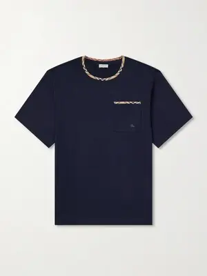 Burberry Logo-embroidered Checked Cotton-jersey T-shirt - Blue