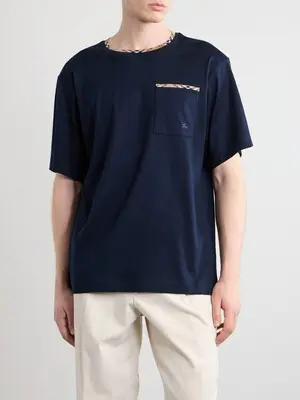 Burberry Logo-embroidered Checked Cotton-jersey T-shirt - Blue