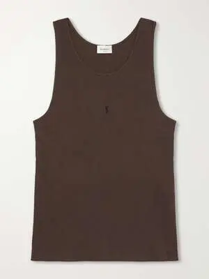 Saint Laurent Logo-embroidered Ribbed Cotton Tank Top - Brown