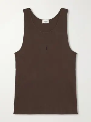 Saint Laurent Logo-embroidered Ribbed Cotton Tank Top - Brown