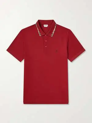 Burberry Logo-embroidered Checked Cotton-piqué Polo Shirt - Red