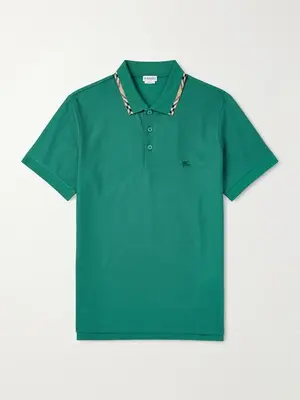 Burberry Logo-embroidered Checked Cotton-piqué Polo Shirt - Green