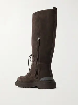 Brunello Cucinelli Suede Lace-up Knee-high Boots With Monili Bead Embellishment - Brown