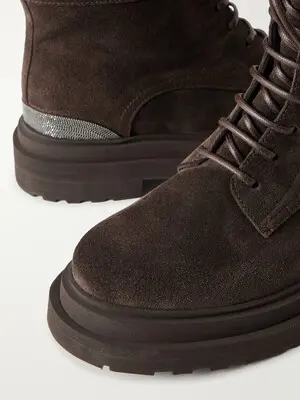 Brunello Cucinelli Suede Lace-up Knee-high Boots With Monili Bead Embellishment - Brown