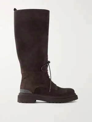 Brunello Cucinelli Bead-embellished Suede Knee Boots - Chocolate