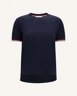 Thom Browne Wool-blend Crewneck T-shirt With Contrasting Trims - Blue