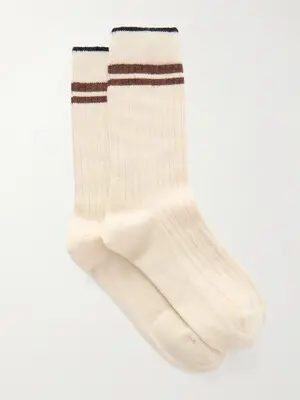 Brunello Cucinelli Ribbed Cashmere Crew Socks With Striped Cuffs
