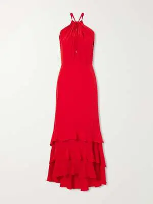 ANDRES OTALORA Ruffled Duchesse-satin Silk Halterneck Maxi Dress - Red