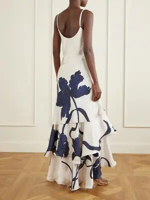 ANDRES OTALORA Printed Ruched Ruffled Satin Maxi Dress