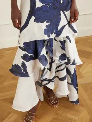 ANDRES OTALORA Printed Ruched Ruffled Satin Maxi Dress