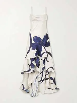 ANDRES OTALORA Inoportuna Printed Ruched Ruffled Satin Maxi Dress - Navy