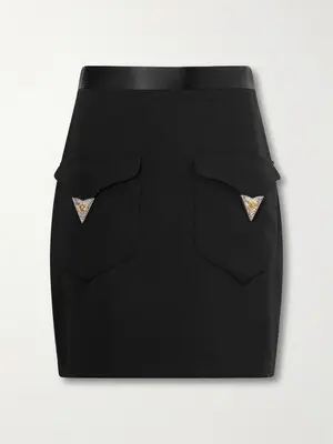 Versace Medusa Embellished Wool-blend Mini Skirt With Silk Trim