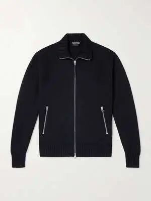TOM FORD Leather-trimmed Merino Wool Cardigan - Black