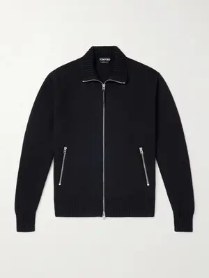 TOM FORD Leather-trimmed Merino Wool Zip-up Cardigan - Black