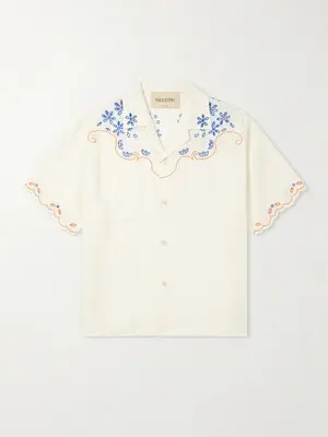 Valentino Garavani Camp-collar Embroidered Linen Shirt - Neutrals