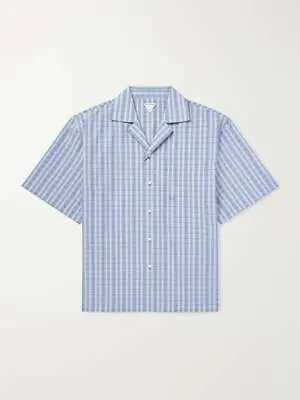 Bottega Veneta Camp-collar Logo-embroidered Checked Cotton And Silk-blend Shirt - Blue