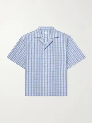 Bottega Veneta Camp-collar Logo-embroidered Checked Cotton And Silk-blend Shirt