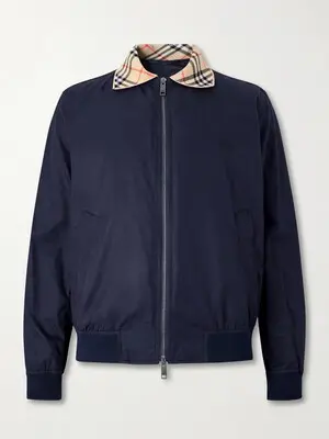 Burberry Logo Embroidered Checked Cotton-gabardine Blouson Jacket - Blue