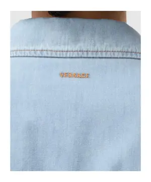 Versace Embroidered-logo Denim Cotton Shirt