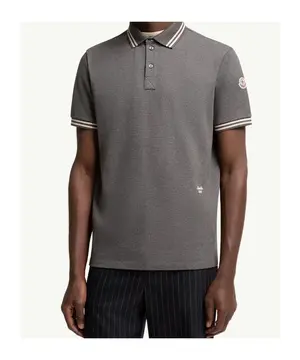 Moncler Striped Trim Piqué Polo Shirt - Dark Gray