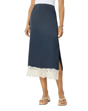 Whistles Lace Hem Satin Midi Skirt - Navy/multi