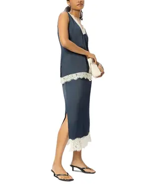 Whistles Lace Hem Satin Midi Skirt